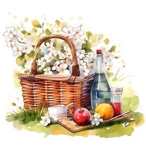 Watercolor Picnic Basket Clipart, Romantic Beach, Garden Picnic Clipart ...