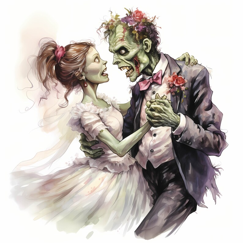 Halloween Zombie Sketch Groom and Bride Watercolor Clipart, Halloween ...