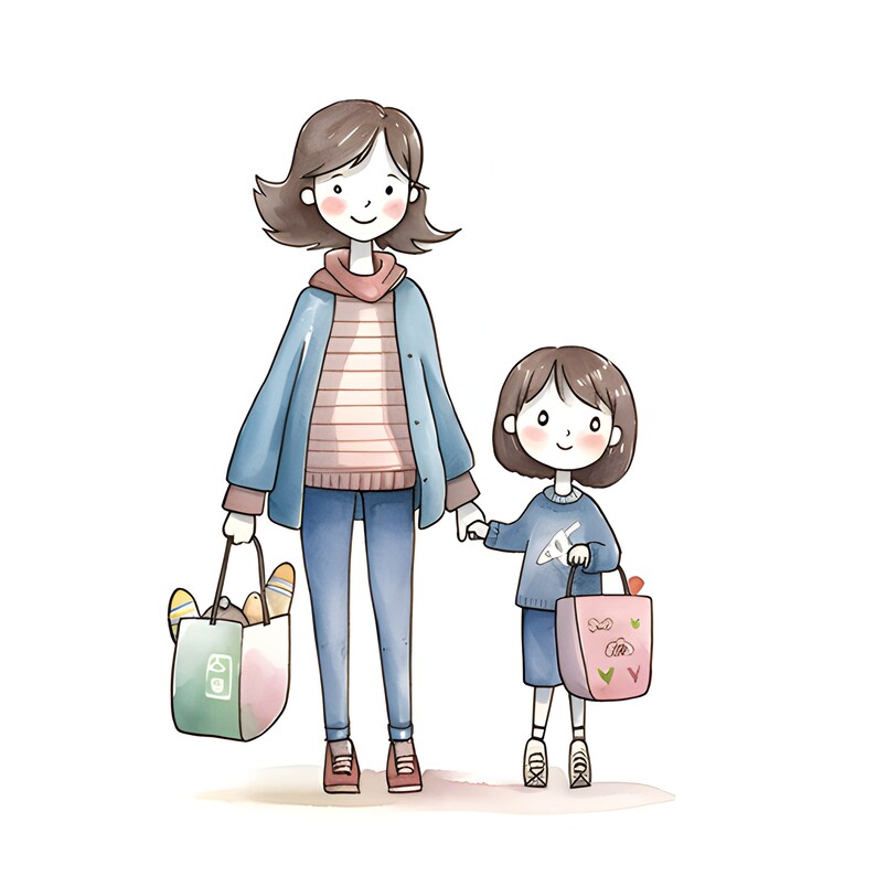 Mom and Kids Illustration Clipart Bundle, Cute Mother and Child, Parent ...
