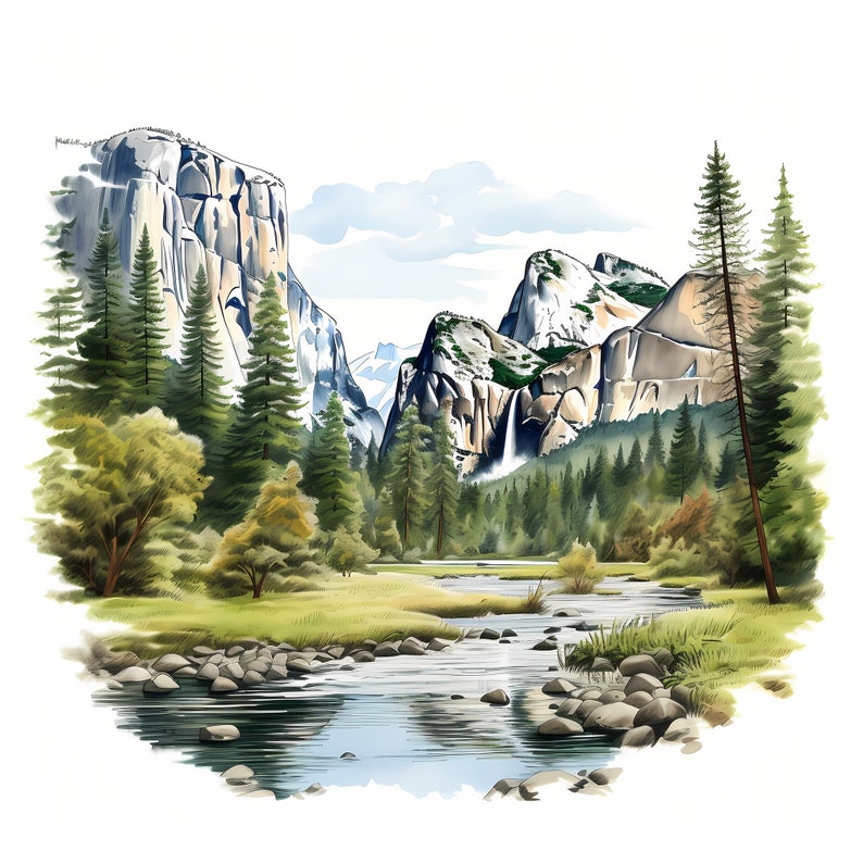 Yosemite National Park Watercolor Sketch Art Bundle, National Park ...