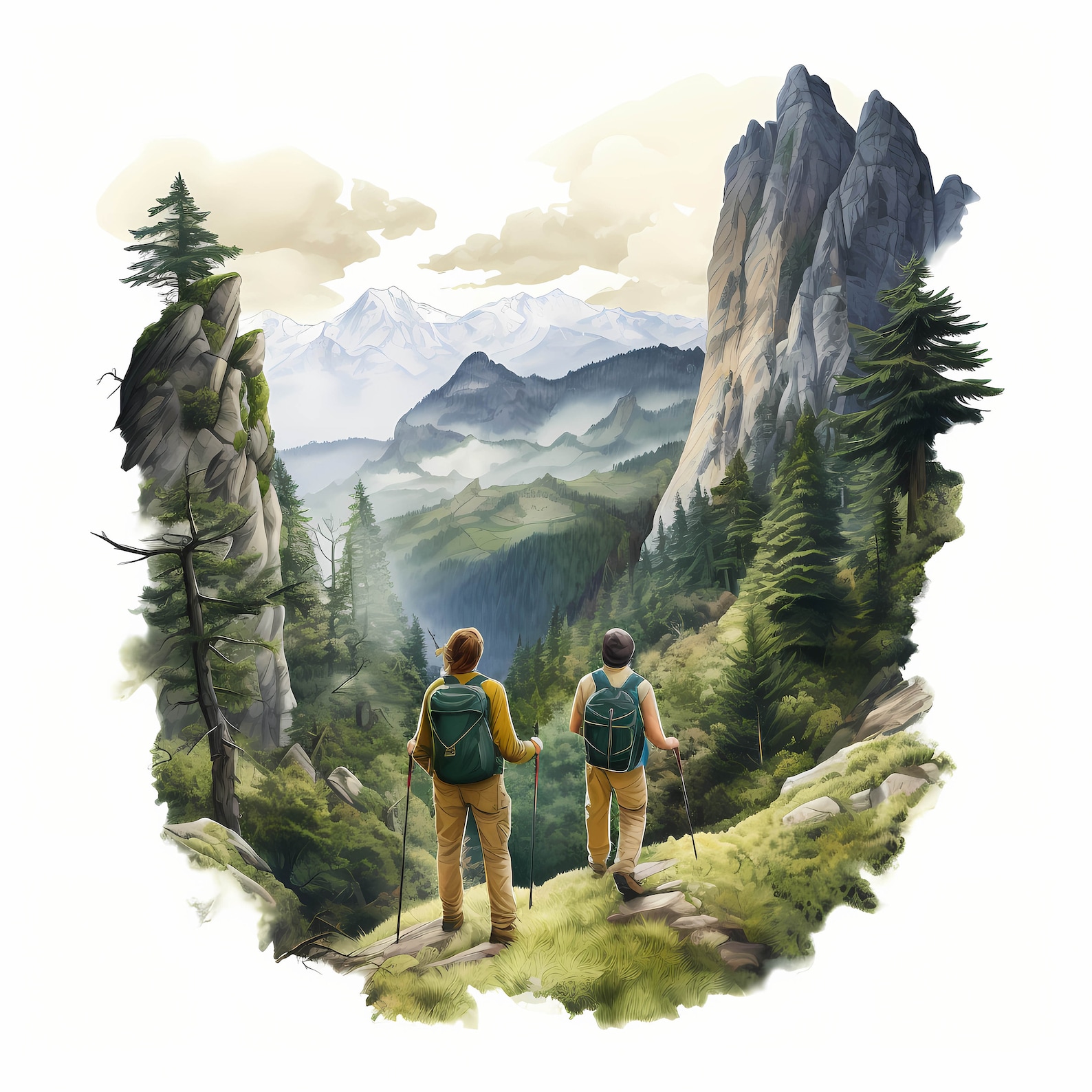 Mountain Hiking Drawing Clipart Bundle, Friends Hiking Clipart Set ...