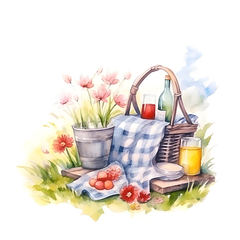 Watercolor Picnic Basket Clipart, Romantic Beach, Garden Picnic Clipart ...