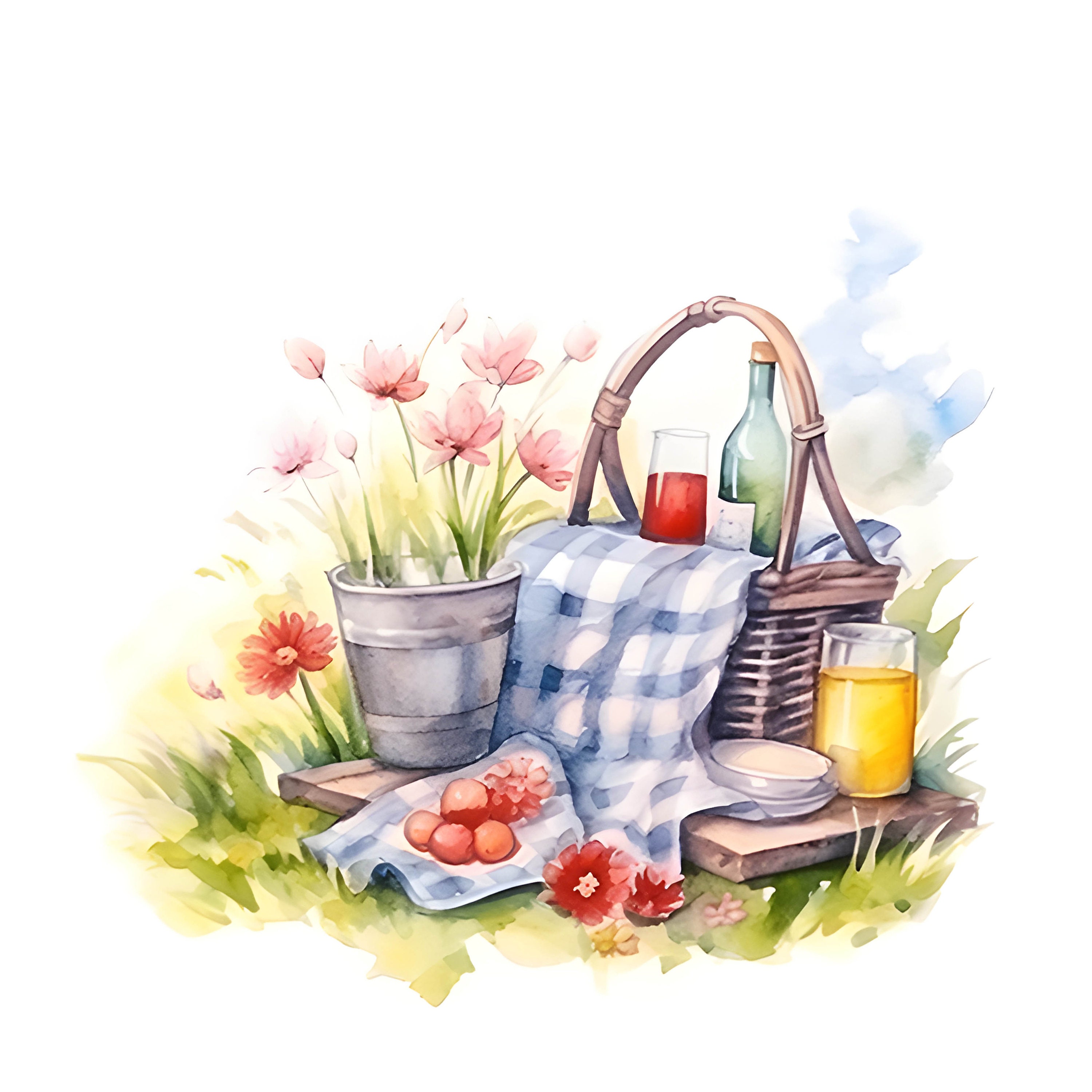 Watercolor Picnic Basket Clipart, Romantic Beach, Garden Picnic Clipart ...