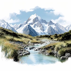 Mount Cook National Park Watercolor Sketch Art, Mount Cook Printable ...