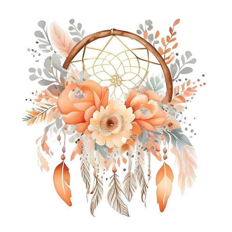 Peach Watercolor Dreamcatchers Clipart Tribal Feathers Boho - Etsy