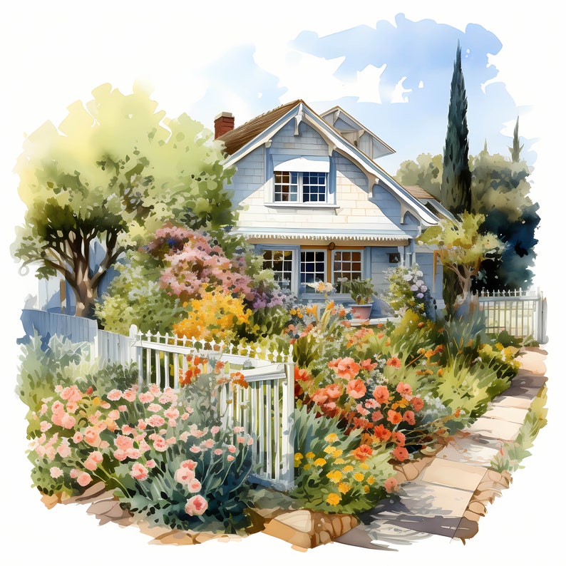 Cottage Home Garden Watercolor Clipart Bundle, Beautiful Home Garden Scene Set, Home Garden ...