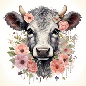 Floral Cow Clipart, Cute Cow Flower Printable, Boho Floral Western Cow ...