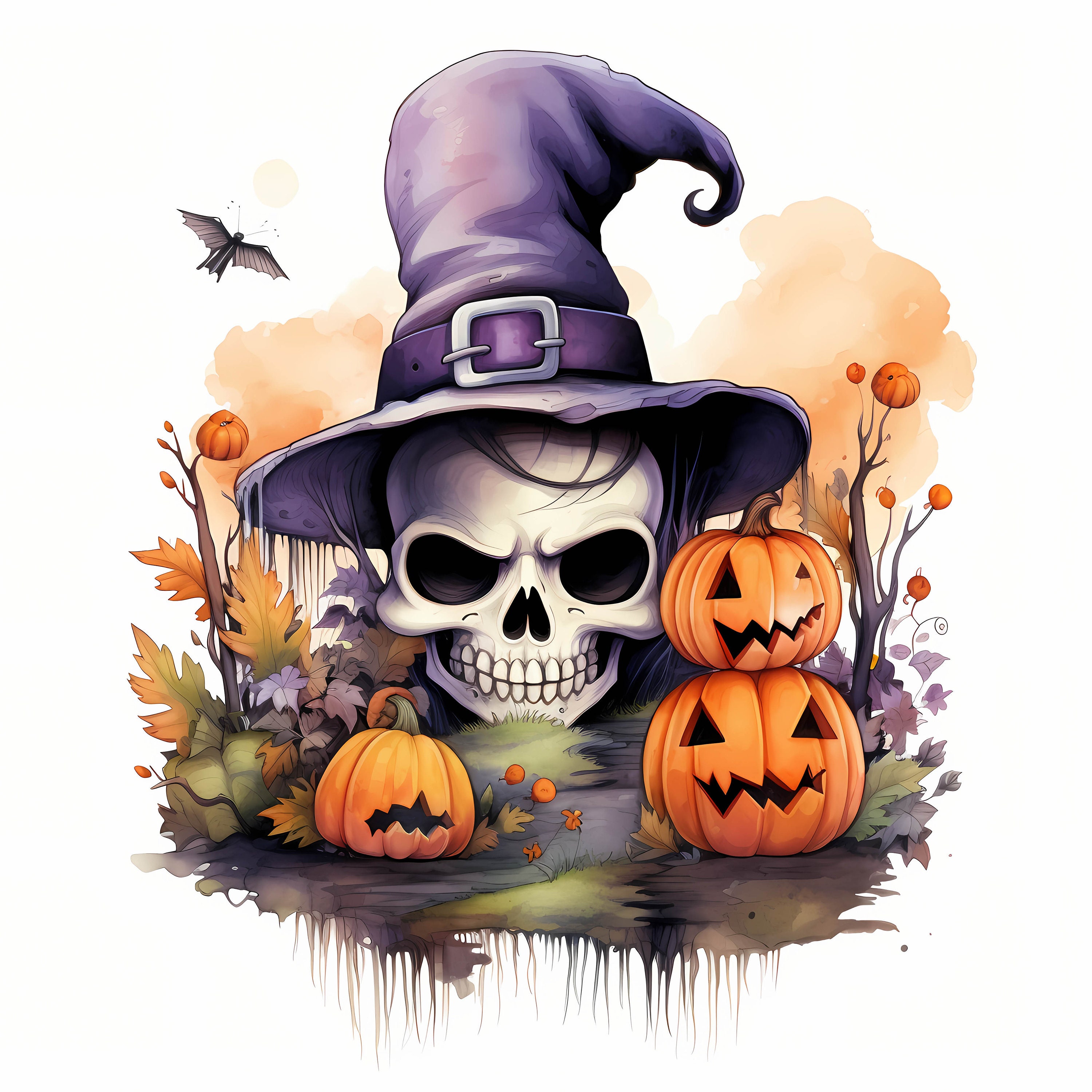 Halloween Spooky Skull Witch Portrait Watercolor Clipart - Etsy