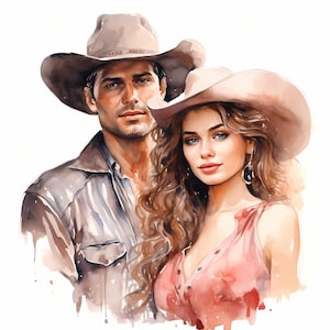 Watercolor Romantic Cowboy Cowgirl Couple Clipart, Western Couple ...