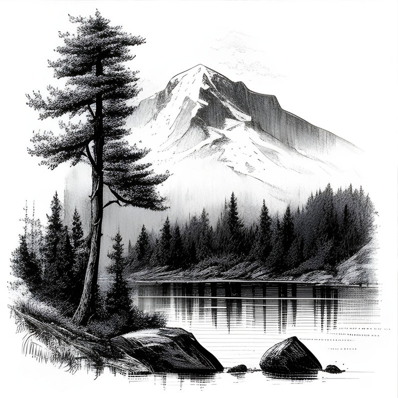 Minimalist Sketched Mountain Landscape Lake Clipart, Mountain Lake ...