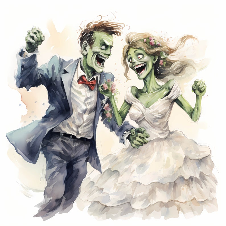 Halloween Zombie Sketch Groom and Bride Watercolor Clipart, Halloween ...