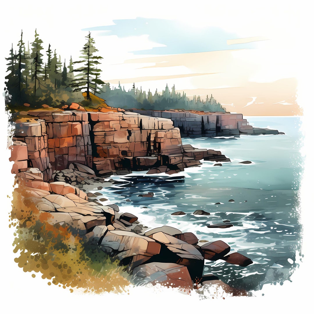 Acadia National Park Watercolor Sketch Art Bundle, Acadia National Park ...