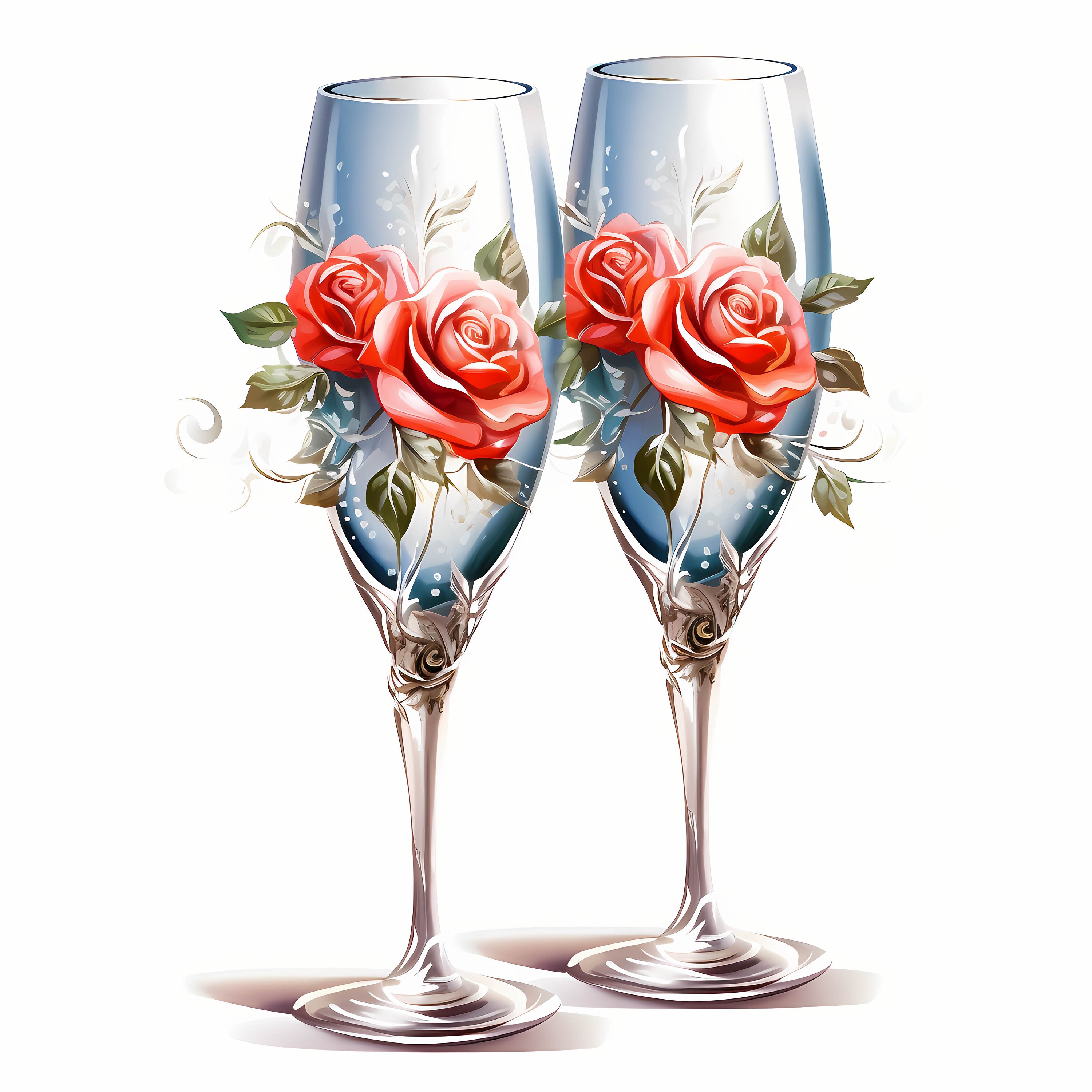 Wedding Glasses Watercolor Clipart Bundle, Decorated Champagne Wedding ...