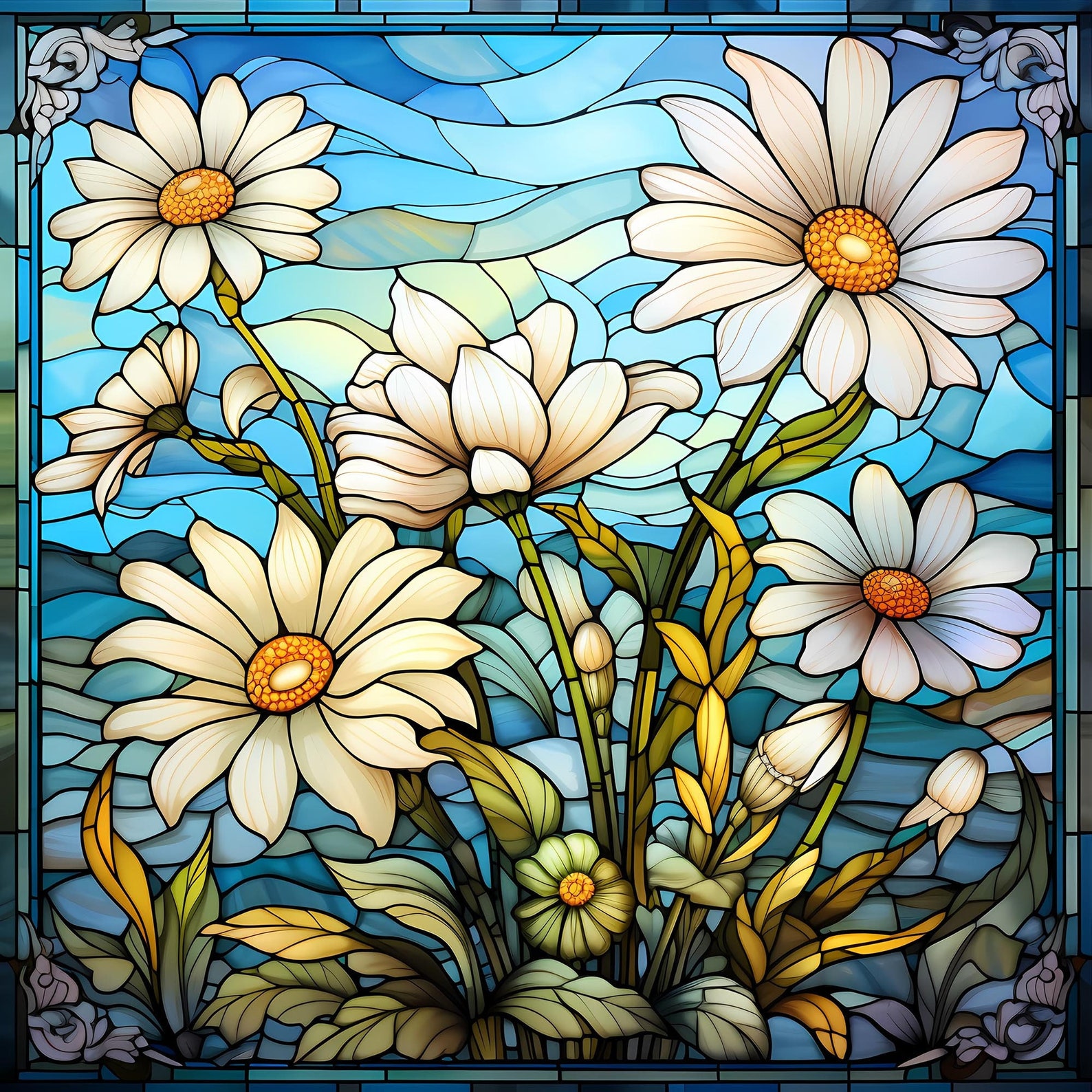 Stained Glass Daisy Clipart, Floral Clipart, Daisy Set, Spring Flowers ...