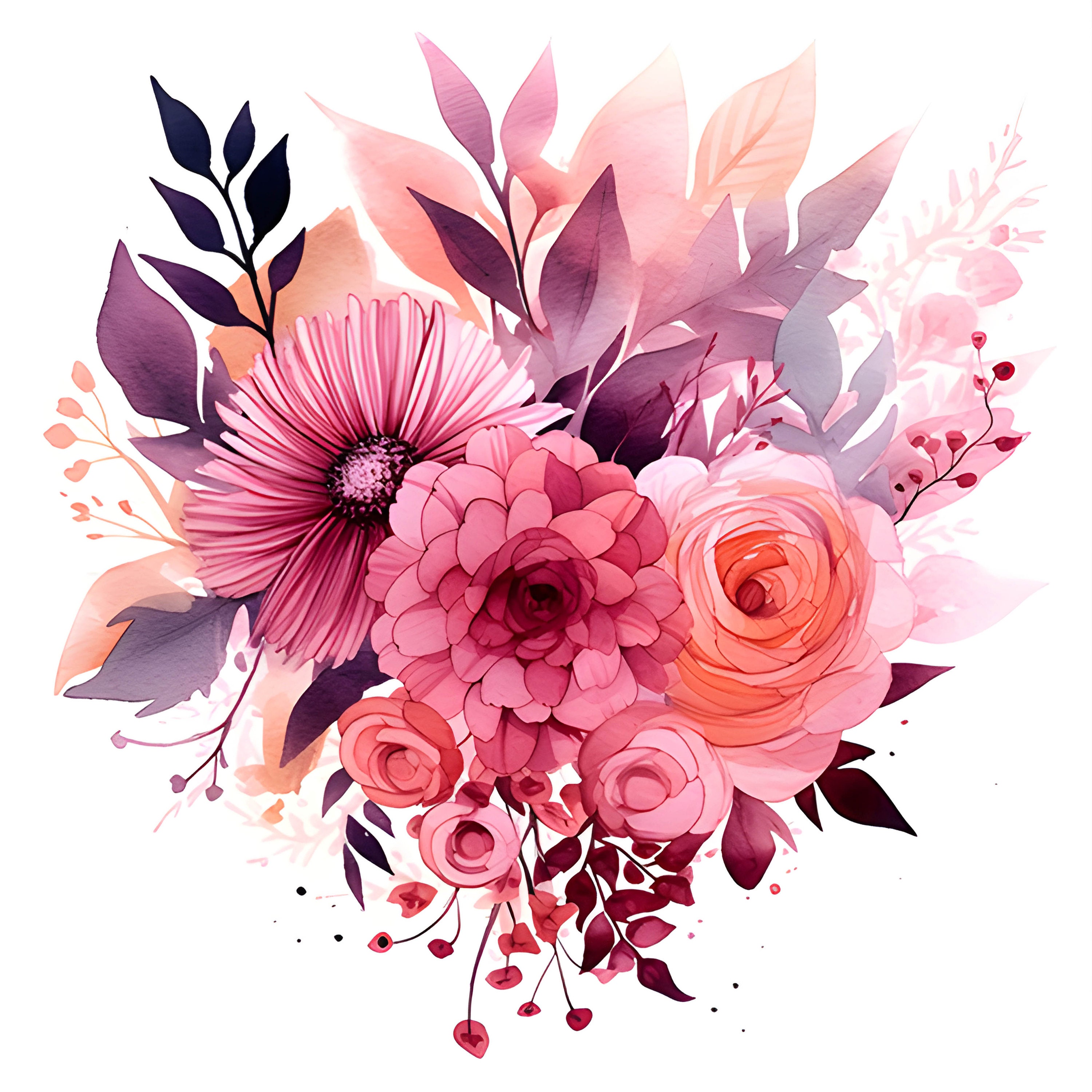 Watercolor Boho Flowers, Bohemian Flowers Pink Bouquet Clipart, Boho ...