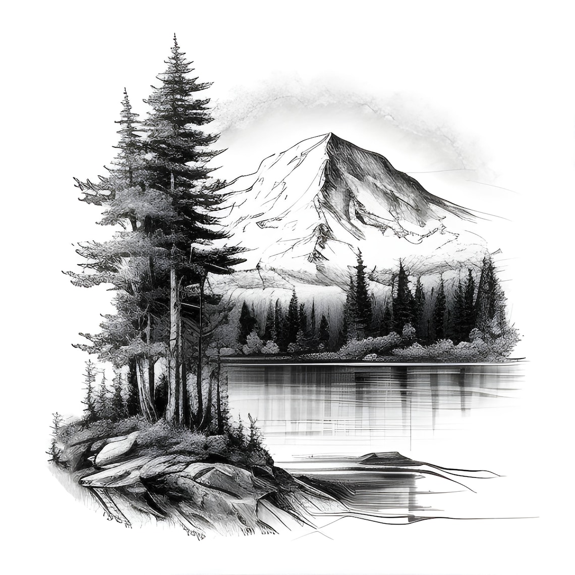 Minimalist Sketched Mountain Landscape Lake Clipart, Mountain Lake ...