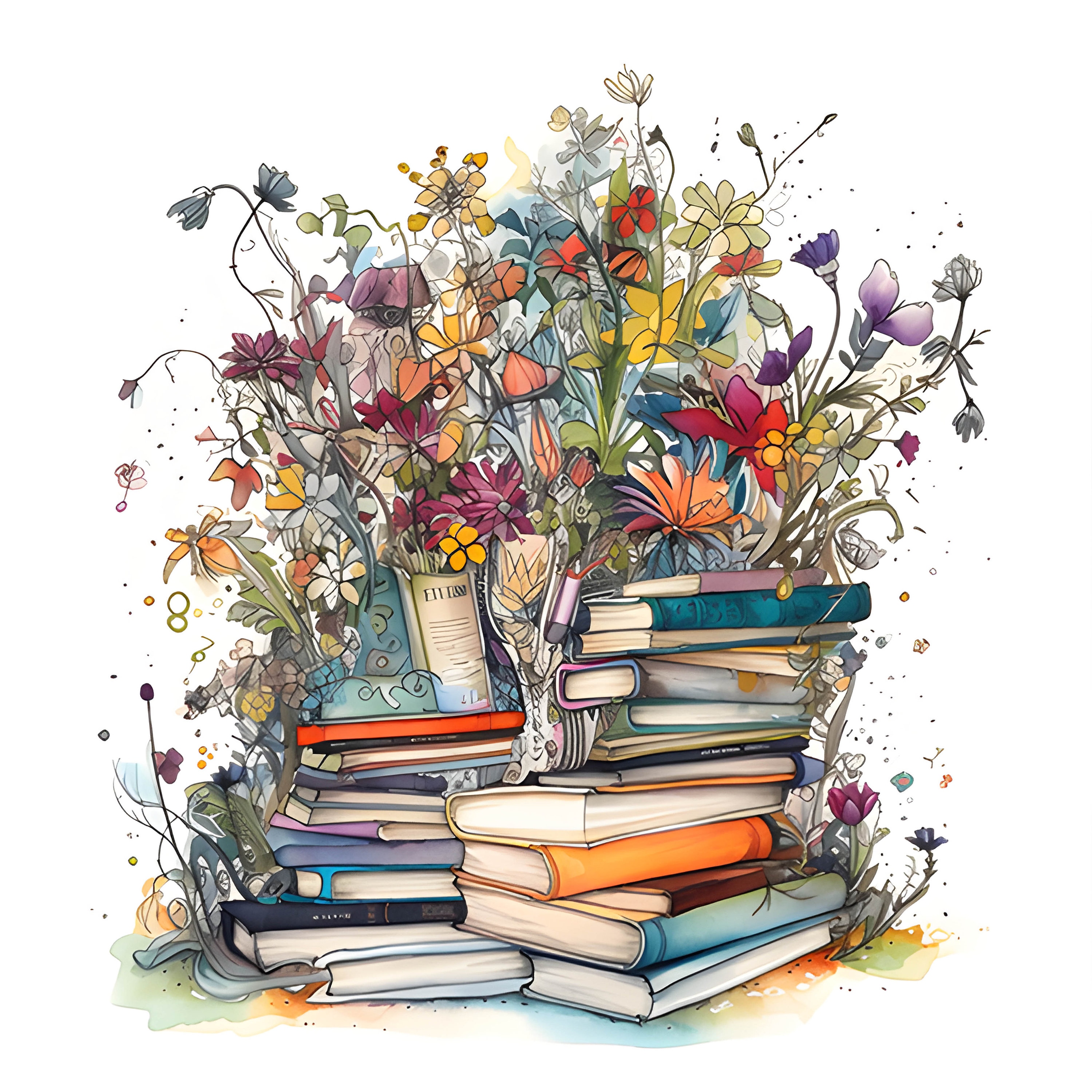 Watercolor Stack of Fantasy Books Clipart, Fantasy Books and Flowers ...