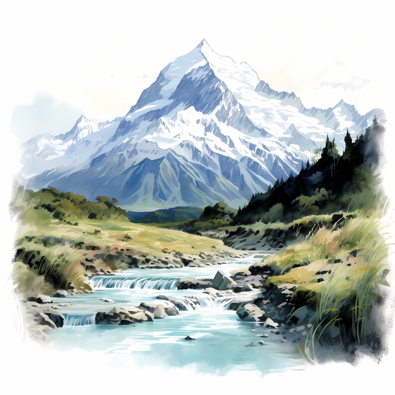Mount Cook National Park Watercolor Sketch Art, Mount Cook Printable ...