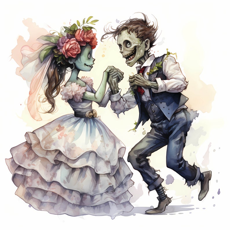 Halloween Zombie Sketch Groom and Bride Watercolor Clipart, Halloween ...