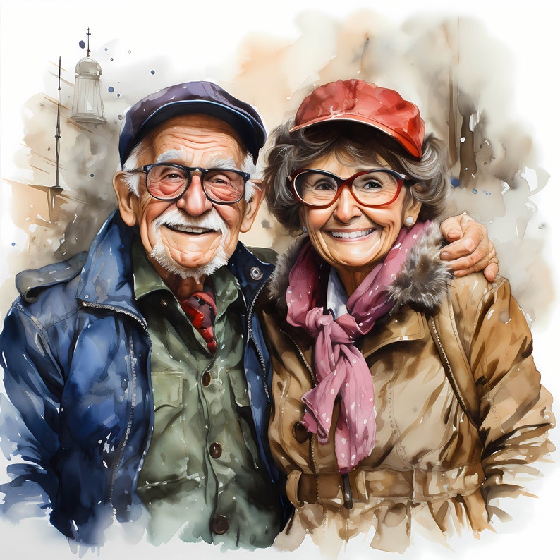 Funny Grandma and Grandpa Watercolor Clipart Bundle, Cute Elderly ...