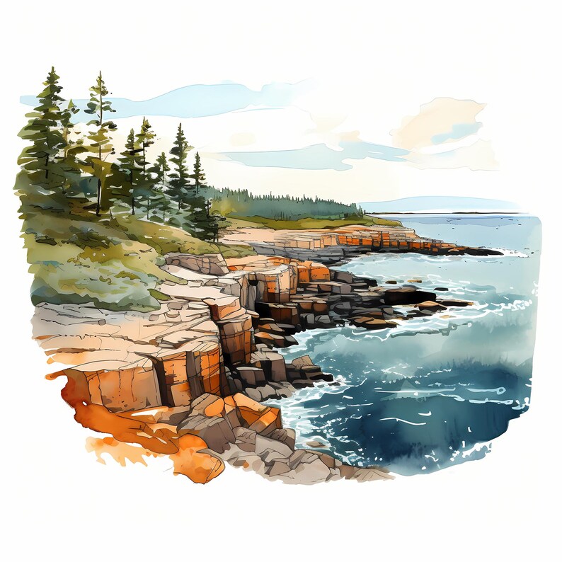 Acadia National Park Watercolor Sketch Art Bundle, Acadia National Park ...