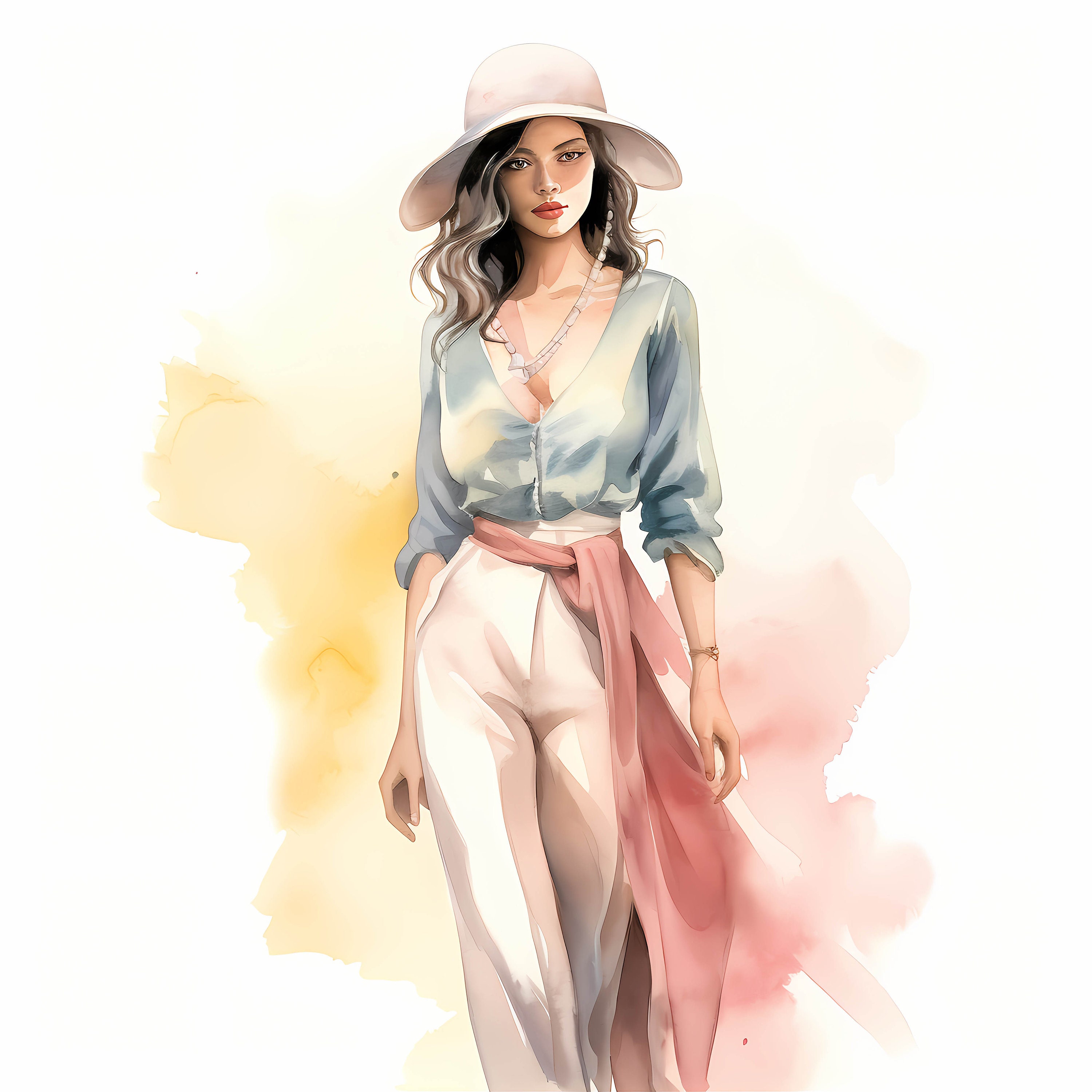 Pastel Pencil Sketch Stylish Fashion Girl Watercolor Clipart, Elegant ...