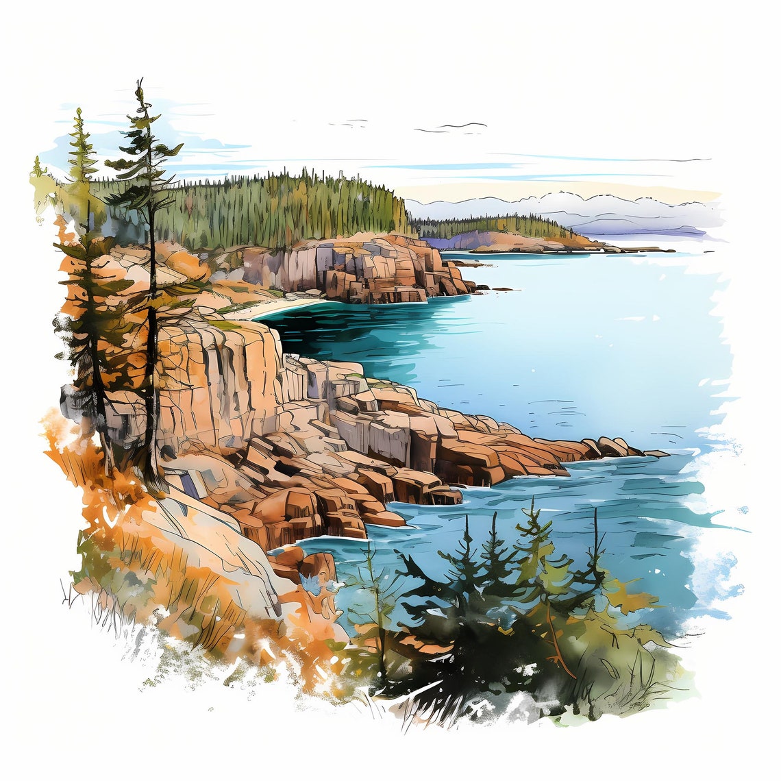 Acadia National Park Watercolor Sketch Art Bundle, Acadia National Park ...