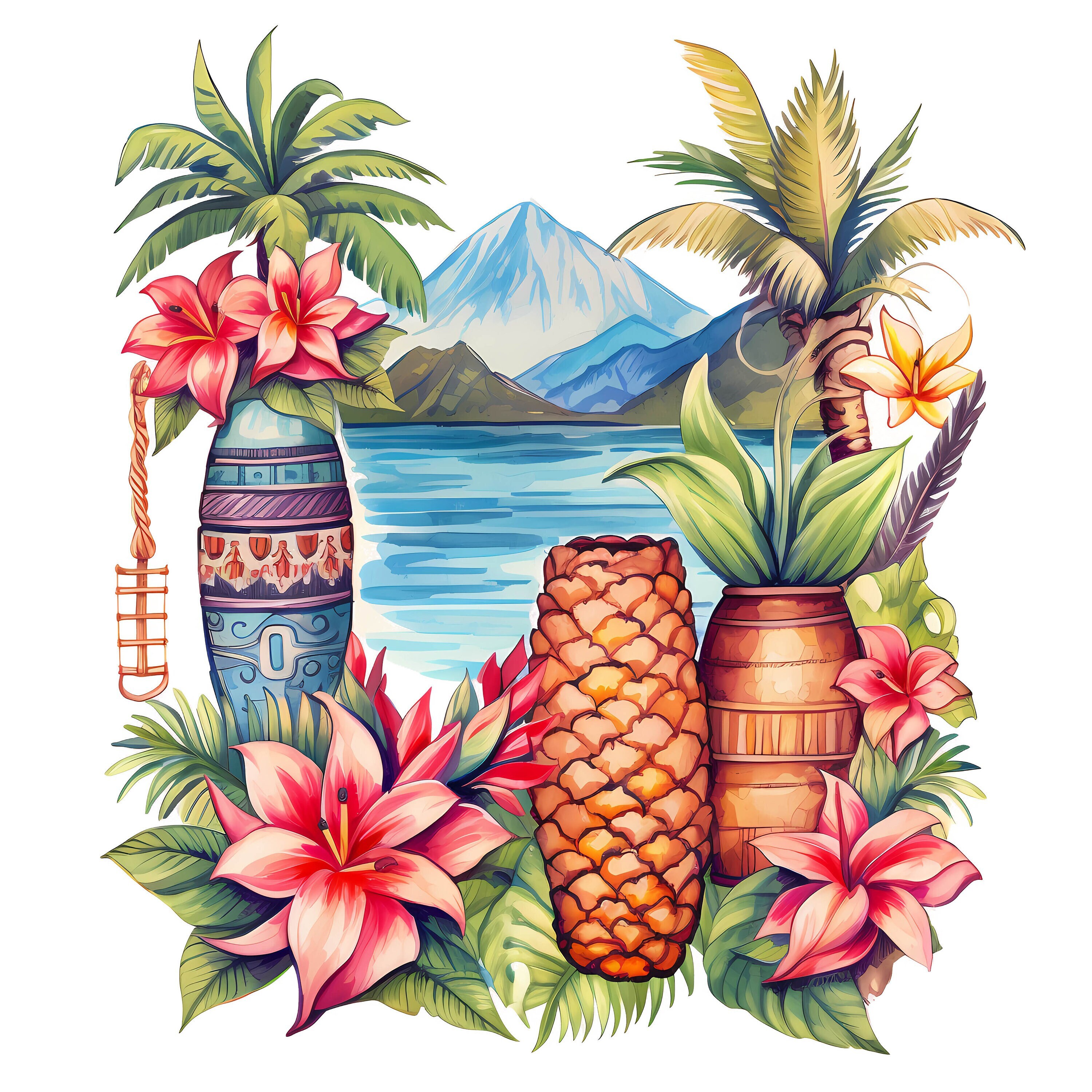 Hawaii Design Elements Watercolor Drawing Clipart Bundle, Tropical ...