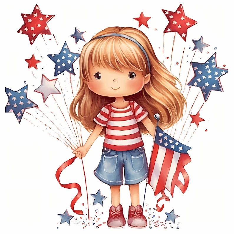 Cartoon American Girl Clipart, Independence Day Set, July 4th USA ...