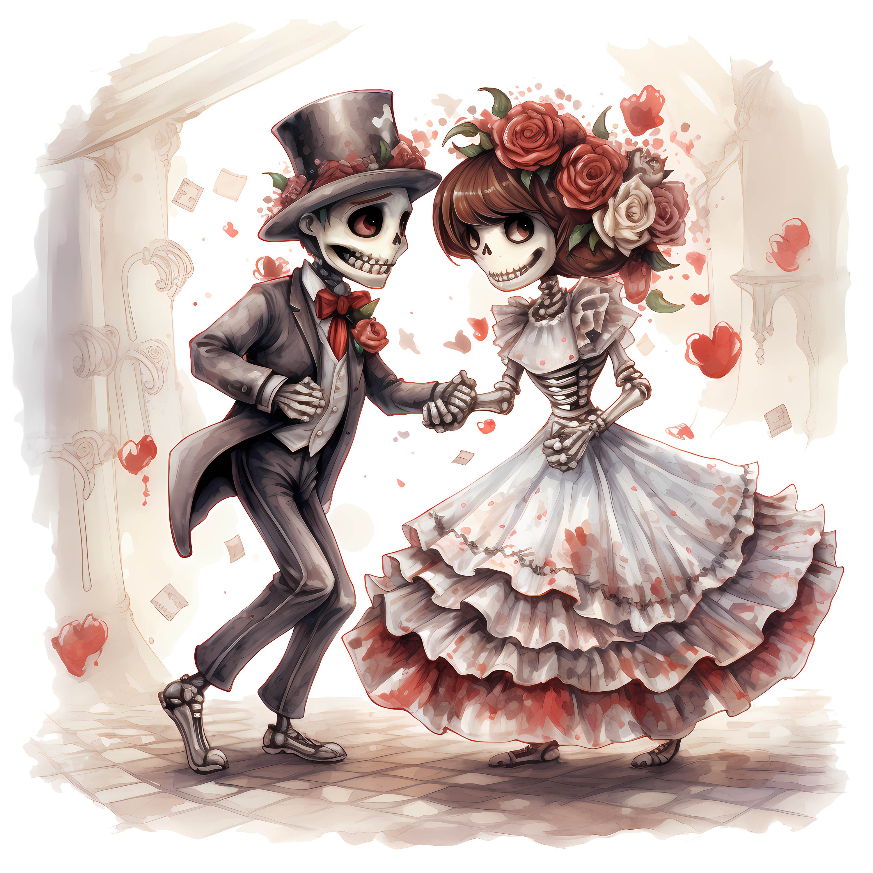 Halloween Spooky Romantic Skeleton Couple Dancing Salsa Watercolor ...