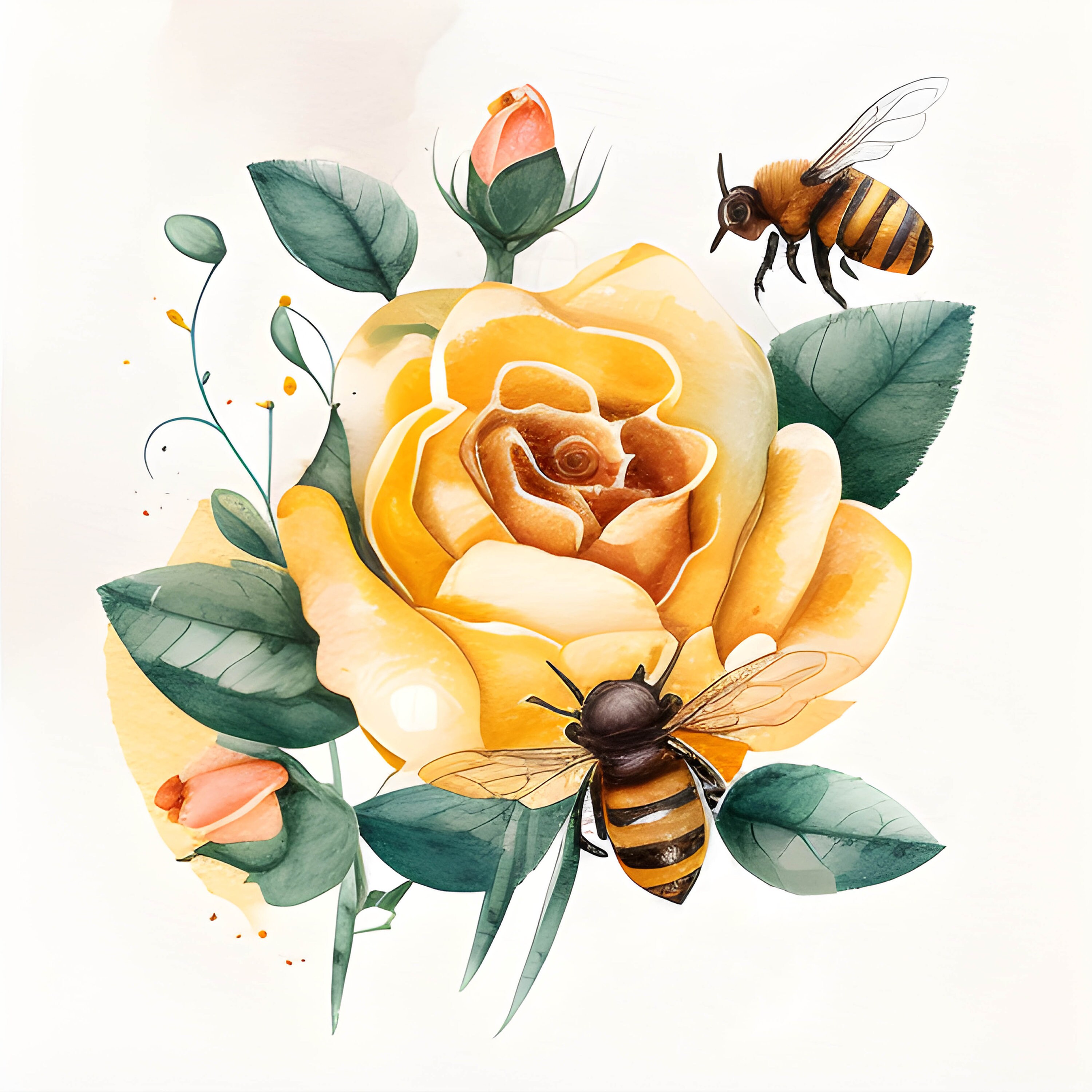 Yellow Rose & Honey Bee Watercolor Clipart Watercolor Floral - Etsy
