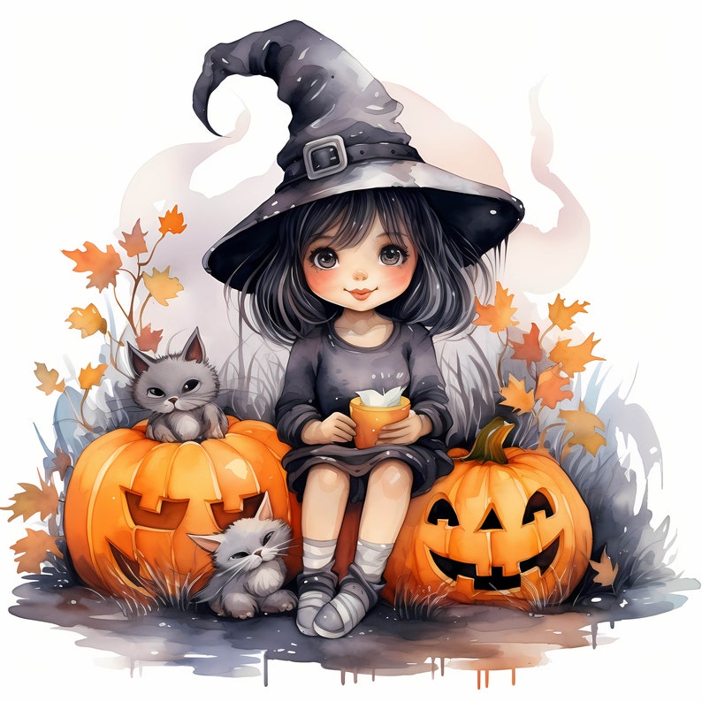 Halloween Cute Little Witch Portrait Watercolor Clipart - Etsy