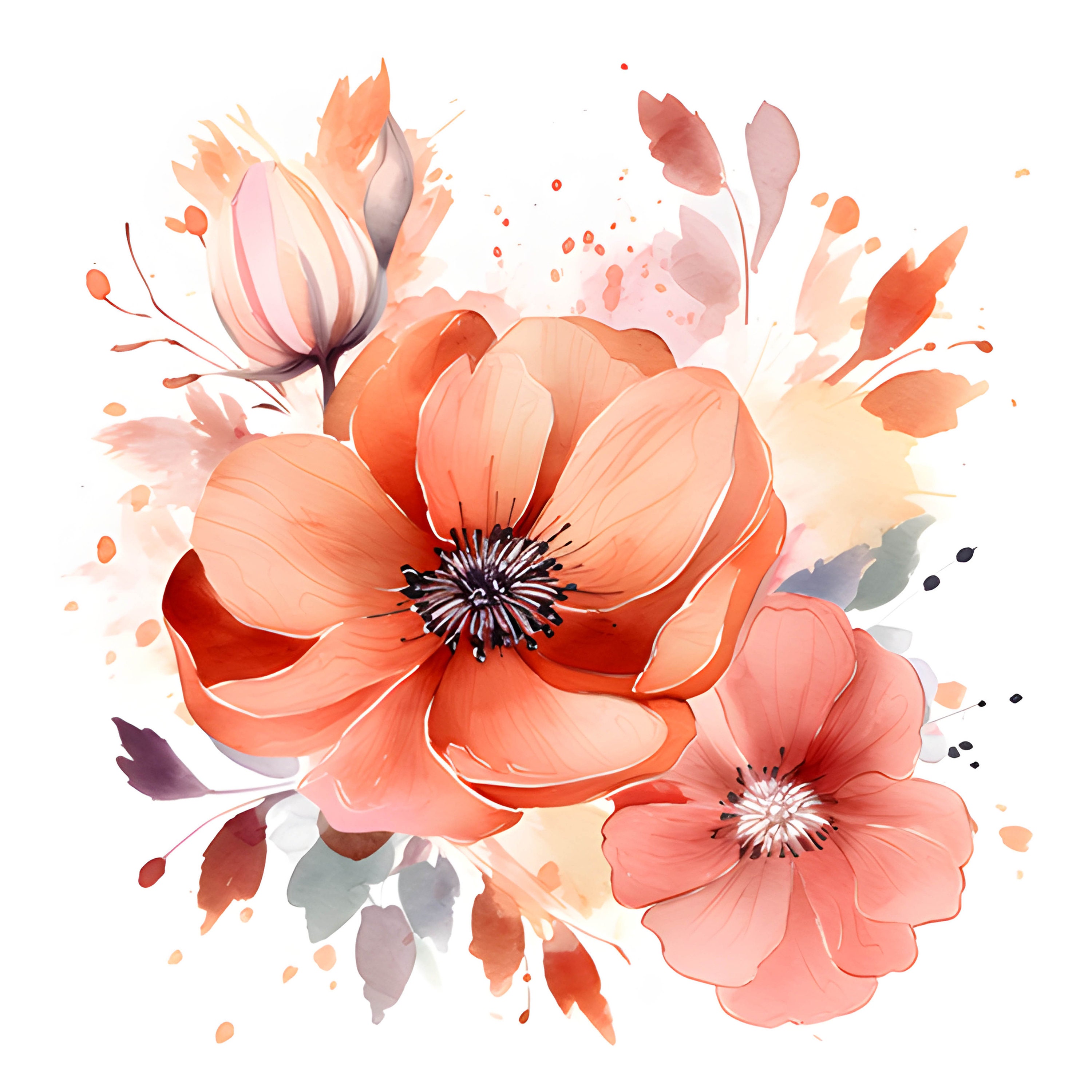 Watercolor Boho Flowers Bohemian Flowers Peach Bouquet - Etsy