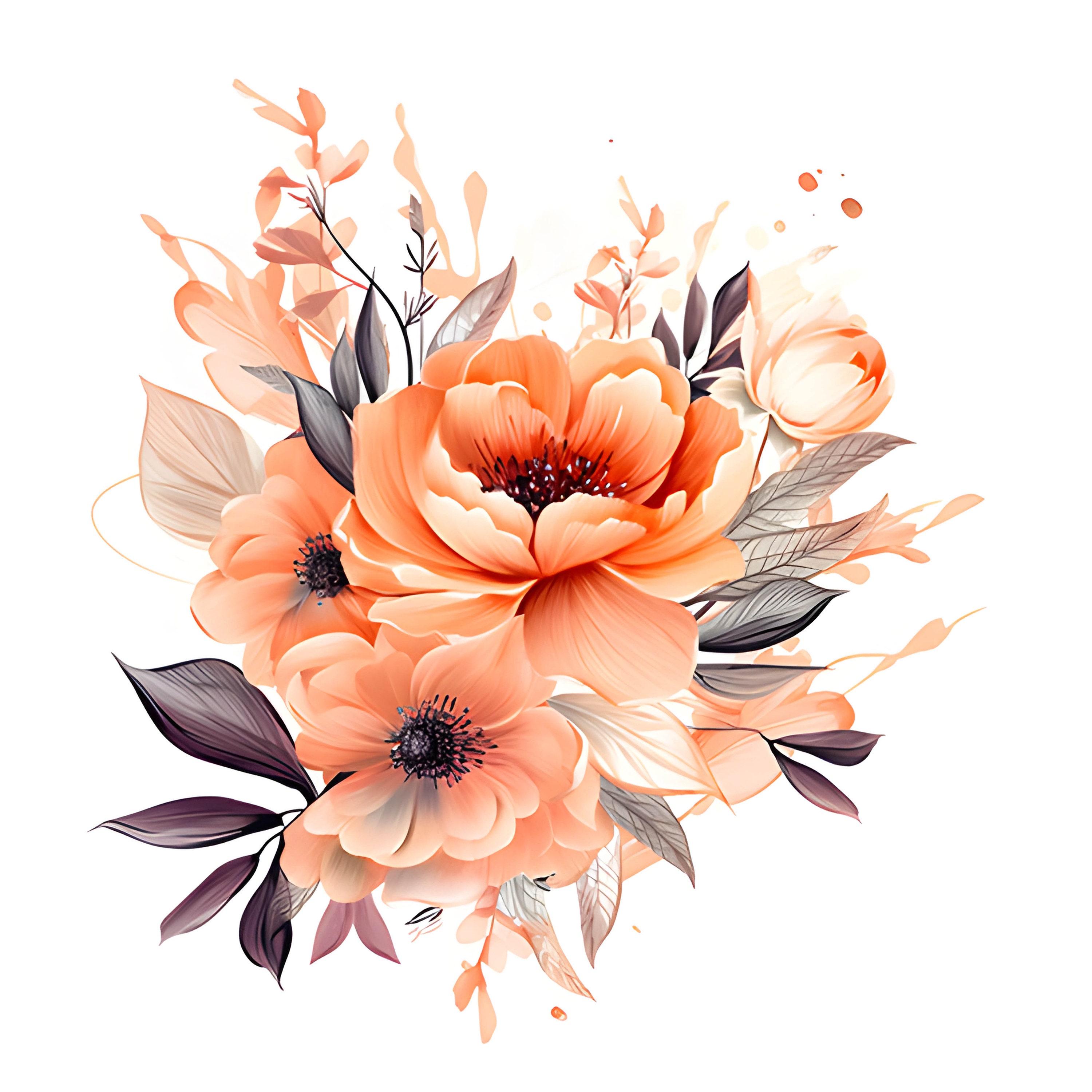 Watercolor Boho Flowers Bohemian Flowers Peach Bouquet - Etsy