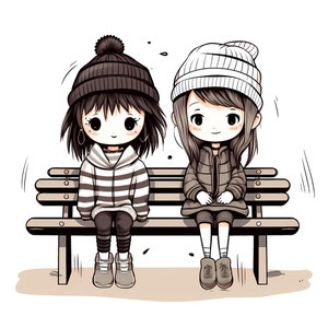 Cute Girls Sitting on A Bench Sketch PNG Clipart, Cute Chibi Girls on A ...