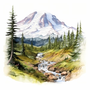 Mount Rainier National Park Watercolor Sketch Art, Mount Rainier ...