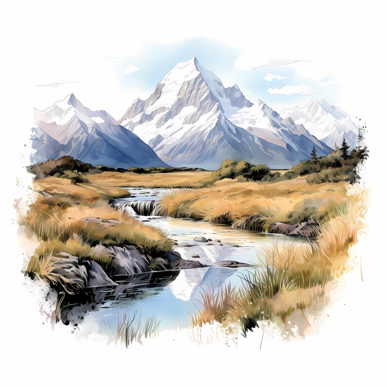 Mount Cook National Park Watercolor Sketch Art, Mount Cook Printable ...