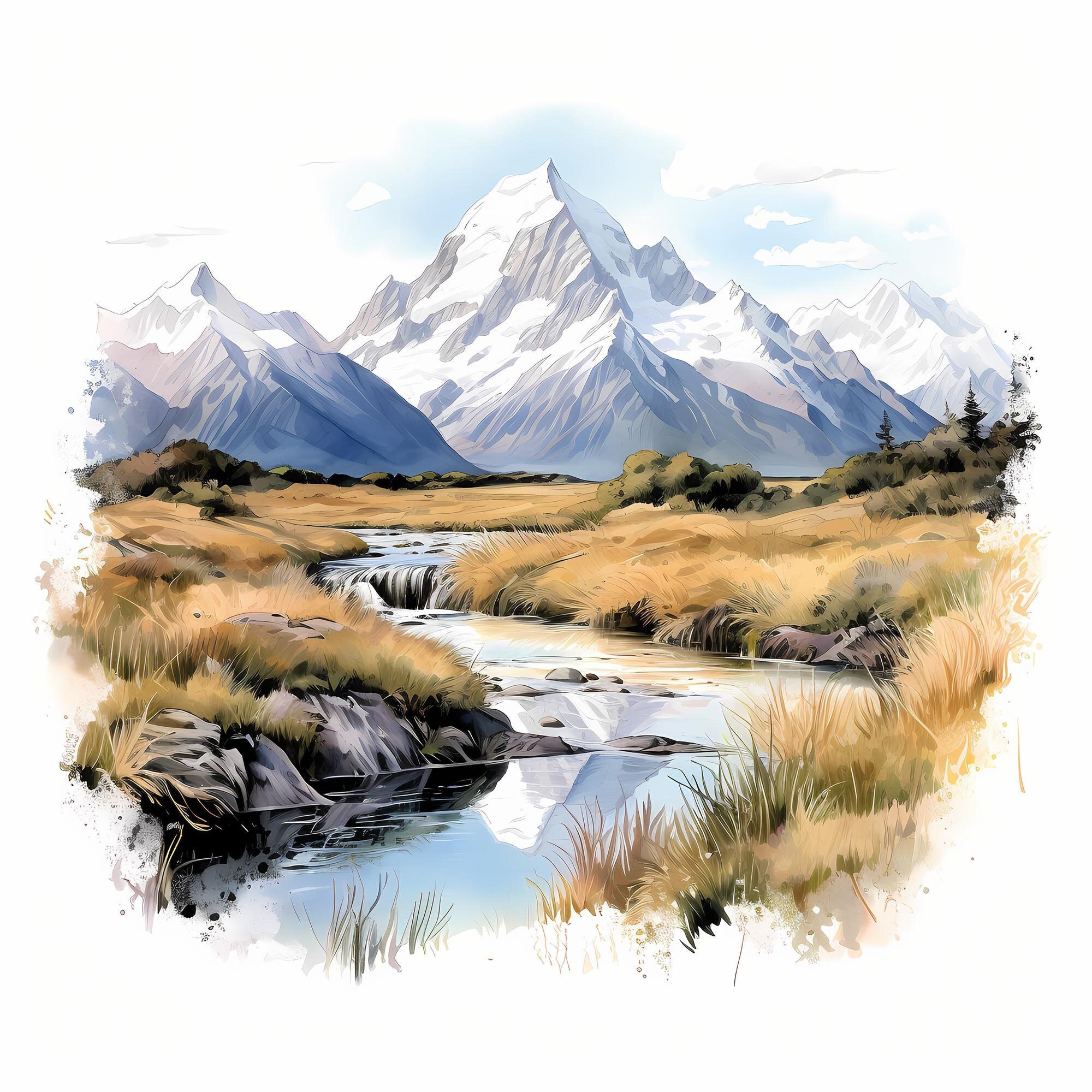 Mount Cook National Park Watercolor Sketch Art Mount Cook - Etsy
