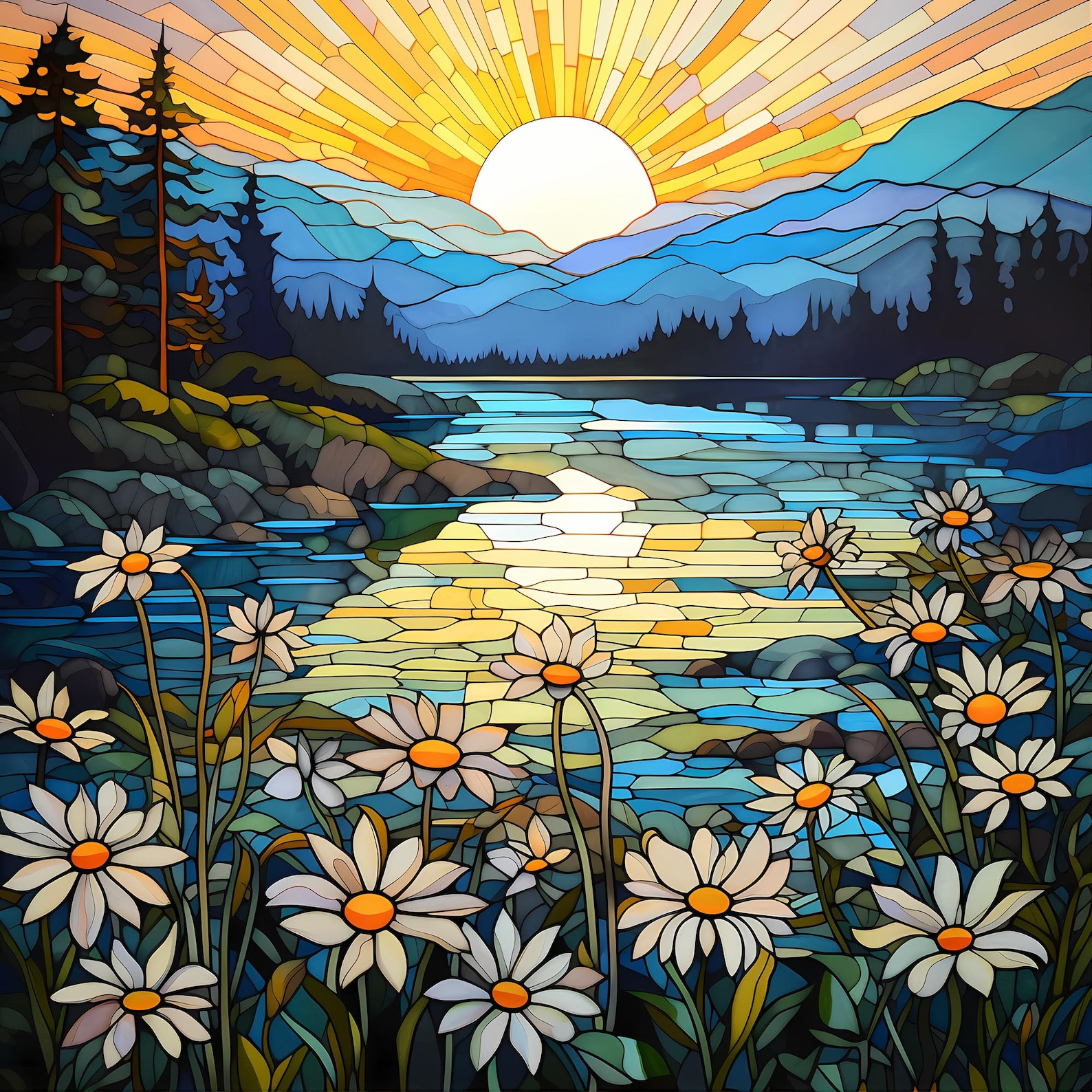 Stained Glass Sunrise Daisy Lake Clipart, Stained Glass Lake Set ...
