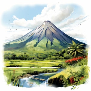 Arenal Volcano National Park Watercolor Sketch Set, Arenal Volcano ...