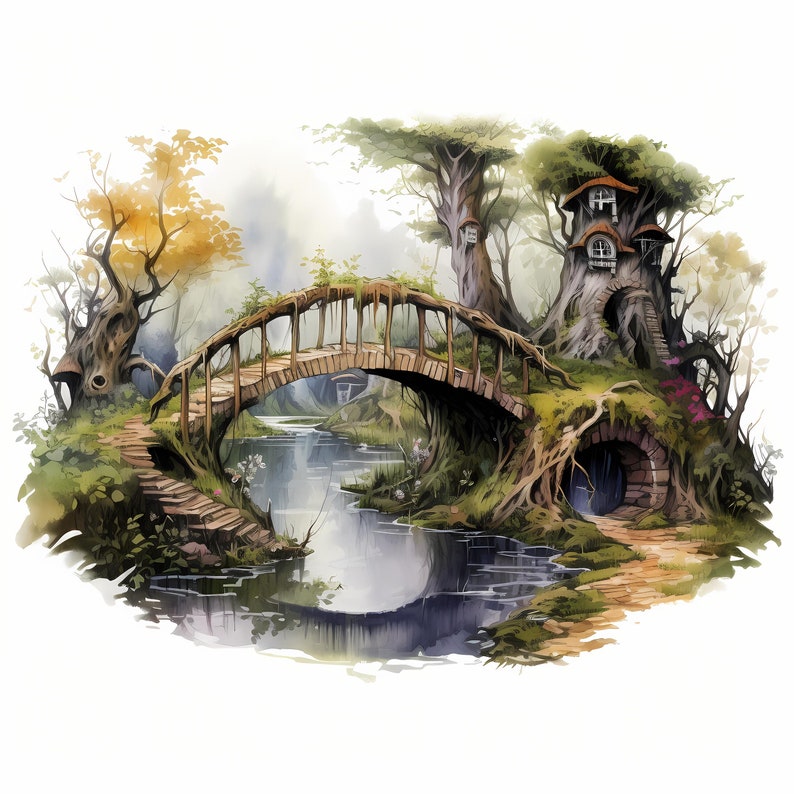 Magic Fairy Forest Bridge Watercolor Clipart, Watercolor Magic Forest ...
