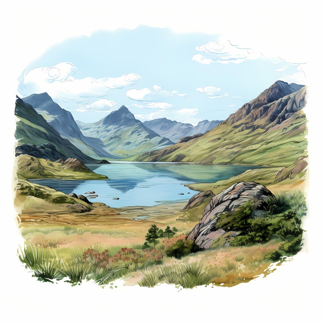 Lake District National Park Watercolor Sketch Art, Lake District ...