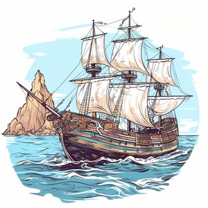 Vintage Ship Color Sketch Clipart Bundle, Colorful Old Dream Ship ...