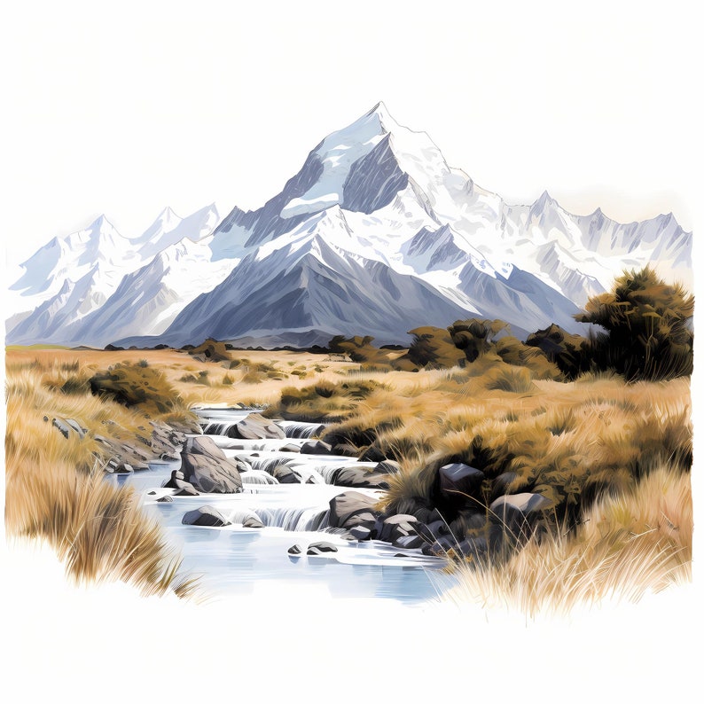 Mount Cook National Park Watercolor Sketch Art Mount Cook - Etsy