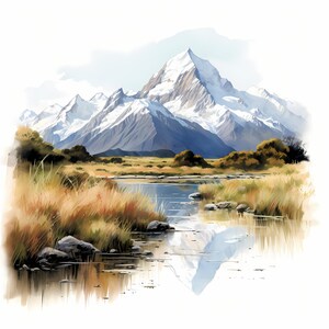 Mount Cook National Park Watercolor Sketch Art, Mount Cook Printable ...