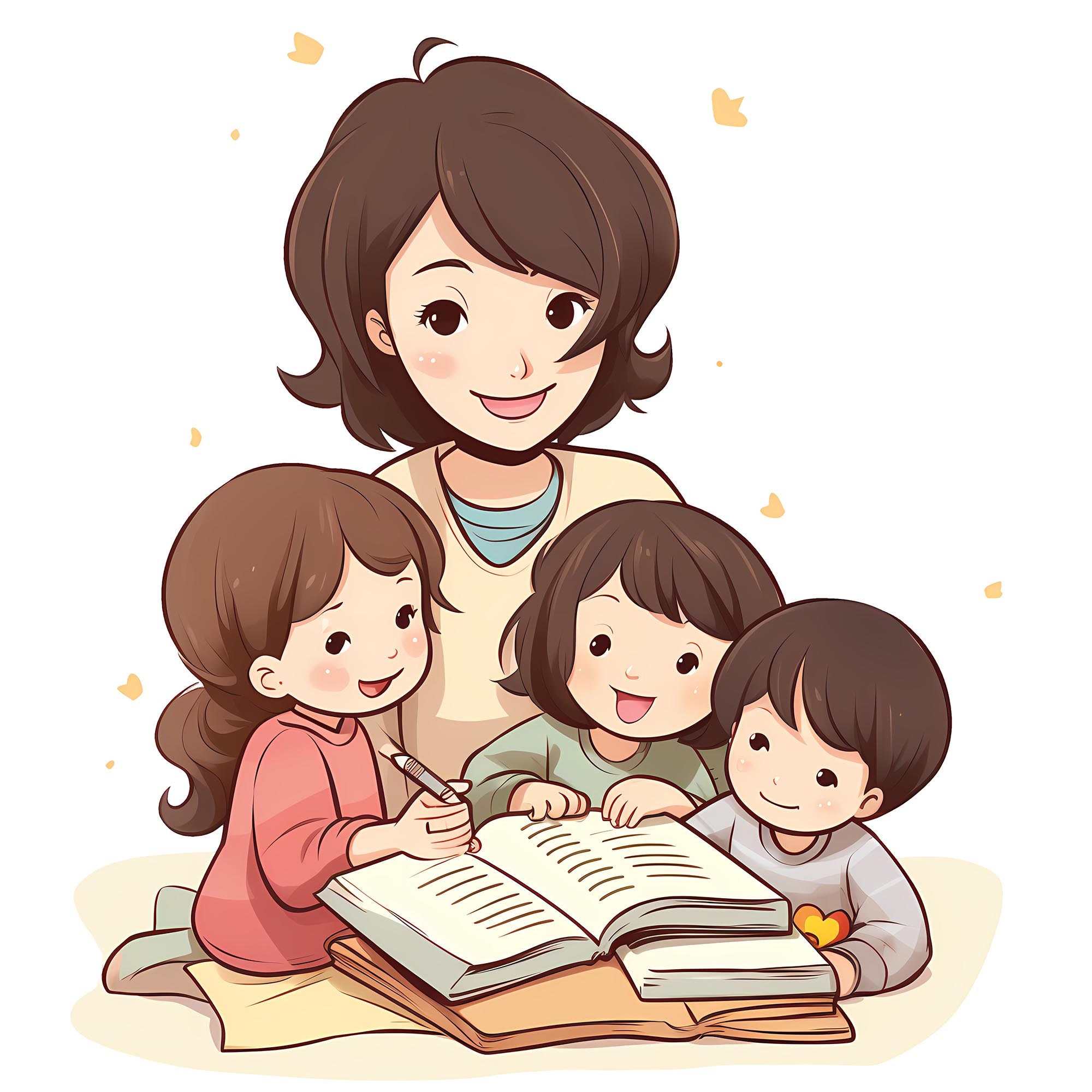 Mom Teaching Her Kids Clipart Bundle, Cute Chibi Mom and Kids Studying ...