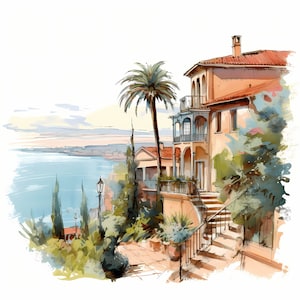 Beautiful Mediterranean Landscape Watercolor Clipart Bundle, French ...