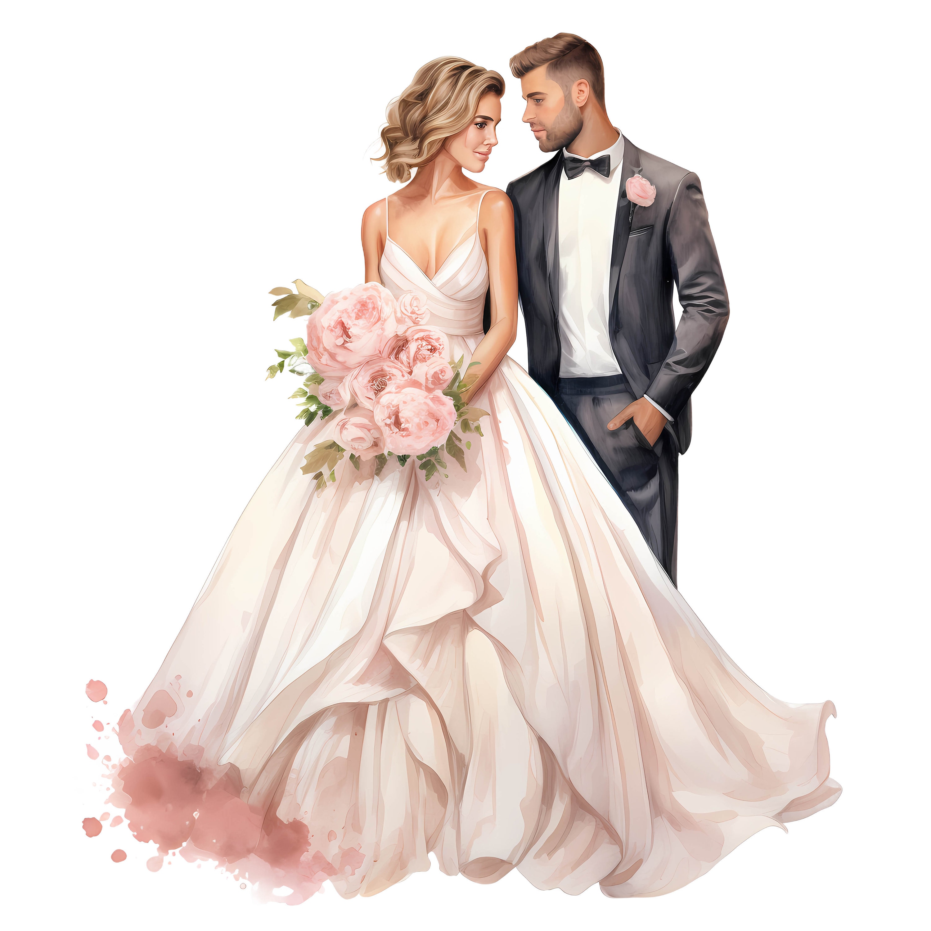 Bride and Groom Watercolor Clipart Bundle, Bride and Groom Wedding Day ...