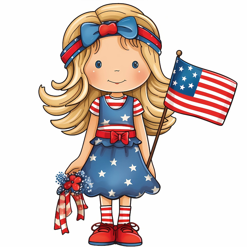 Cartoon American Girl Clipart, Independence Day Set, July 4th USA ...