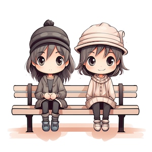 Cute Girls Sitting on A Bench Sketch PNG Clipart, Cute Chibi Girls on A ...